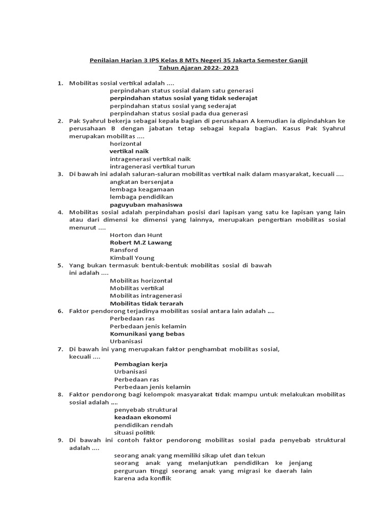 Penilaian Harian 3 IPS Kelas 8 MTs Negeri 35 Jakarta Semester Ganjil ...