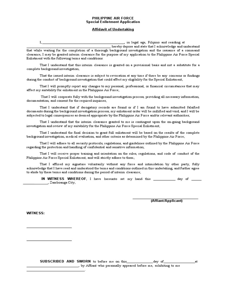 AFFIDAVIT OF UNDERTAKING Special Enlisment | PDF | Affidavit ...