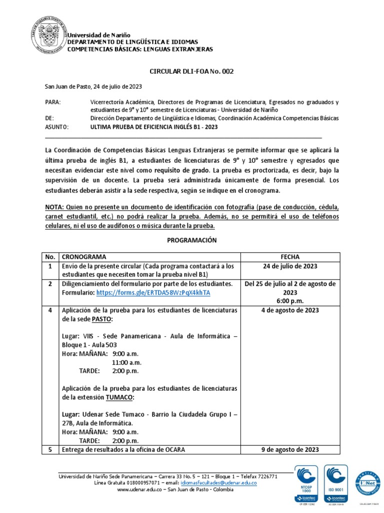 Circular 002 2023 Prueba B1 Ingles | PDF