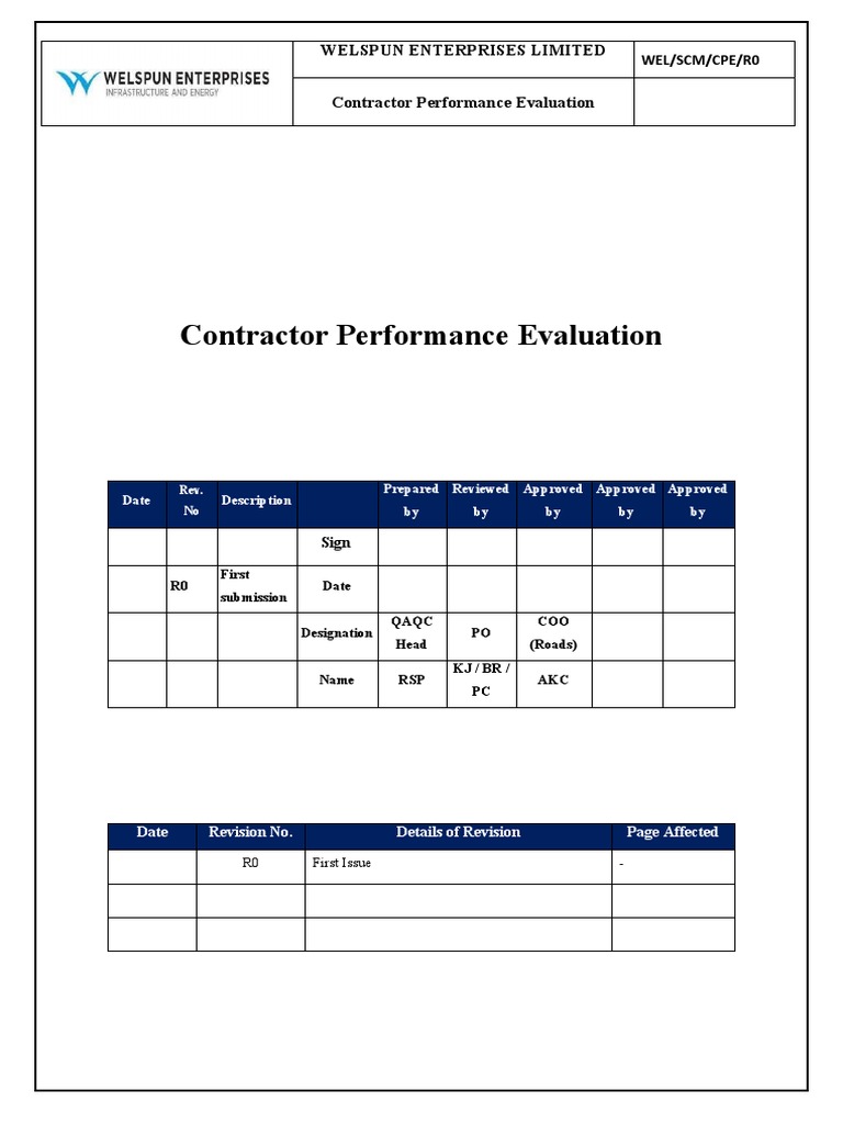 Contractor Performance Evaluation SOP & Format | Download Free PDF ...