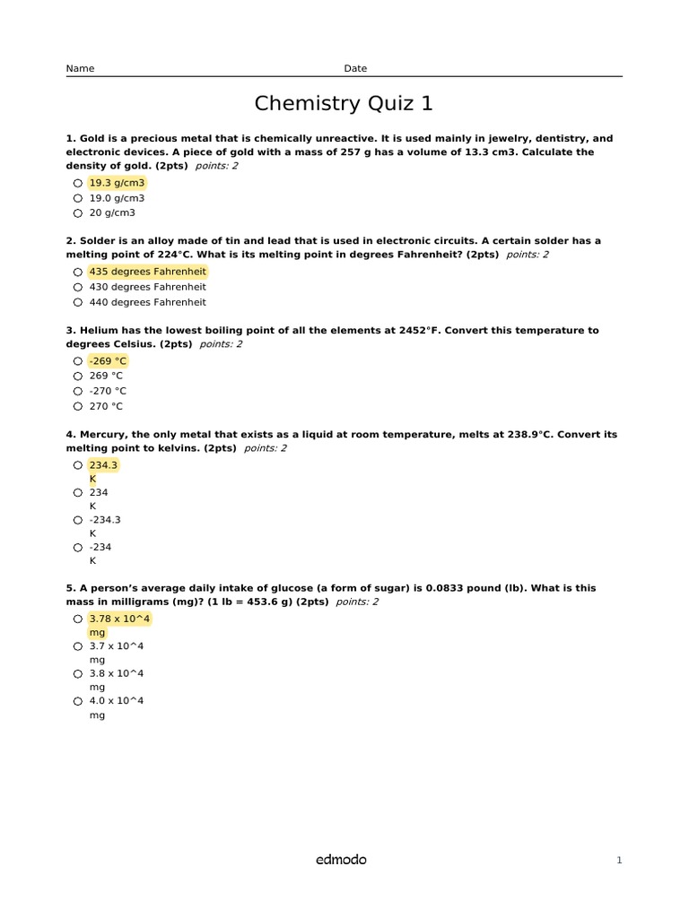 Chemistry Quiz 1 | PDF