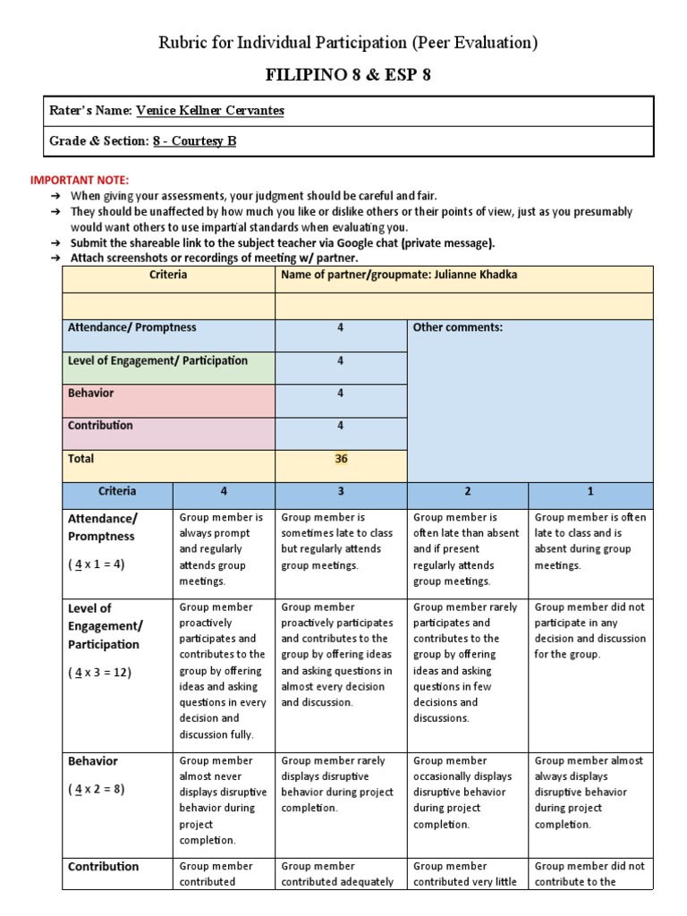 Peer Evaluation Venicekellnercervantes Pdf Rubric Academic