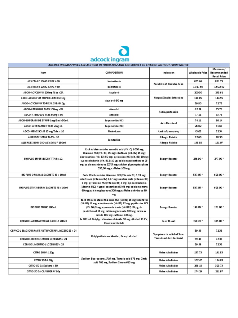 Price List Adcock Oct 2022 | PDF | Pharmacology | Chemical Substances