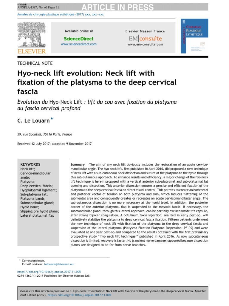 Necklift Fixation To Deep Cervical Fascia and Hyoid | PDF | Neck | Anatomy