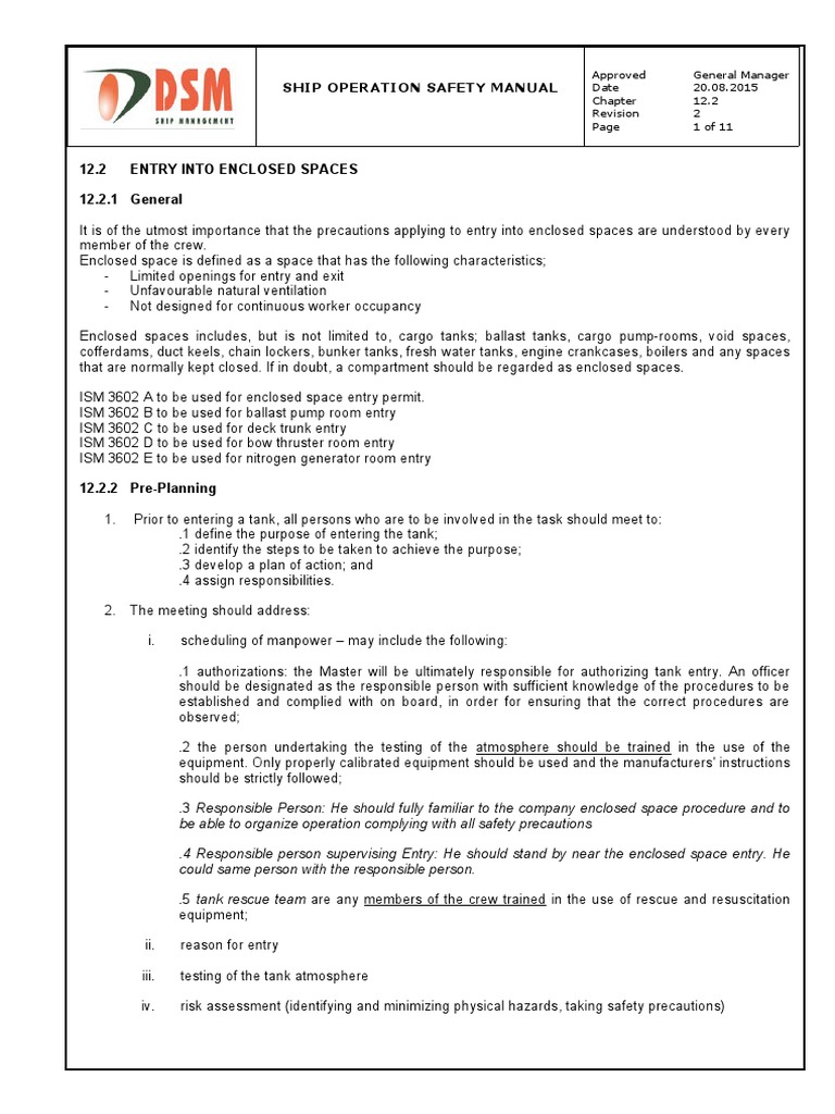Enclosed Space Entry Safety Procedures | PDF | Oxygen | Hydrocarbons