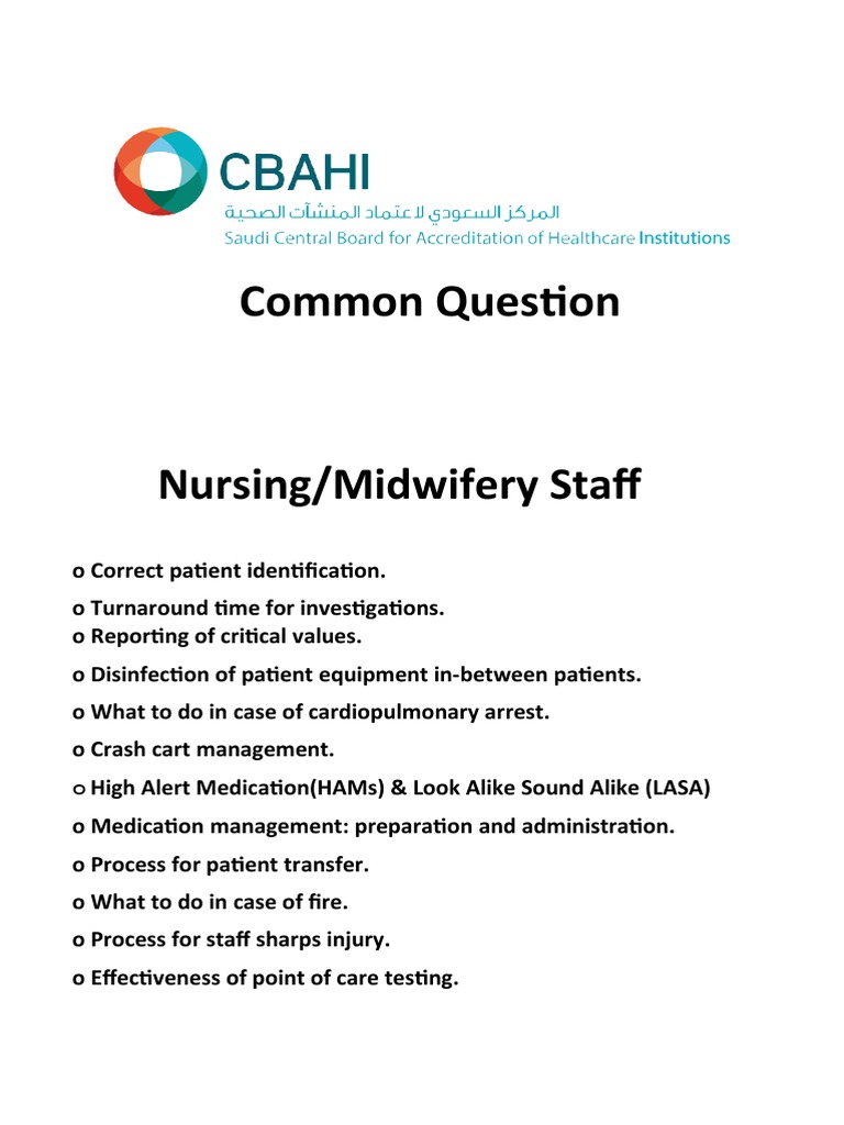 Nursing Midwifery Staff CBAHI Questions | PDF | Medical Error | Nursing