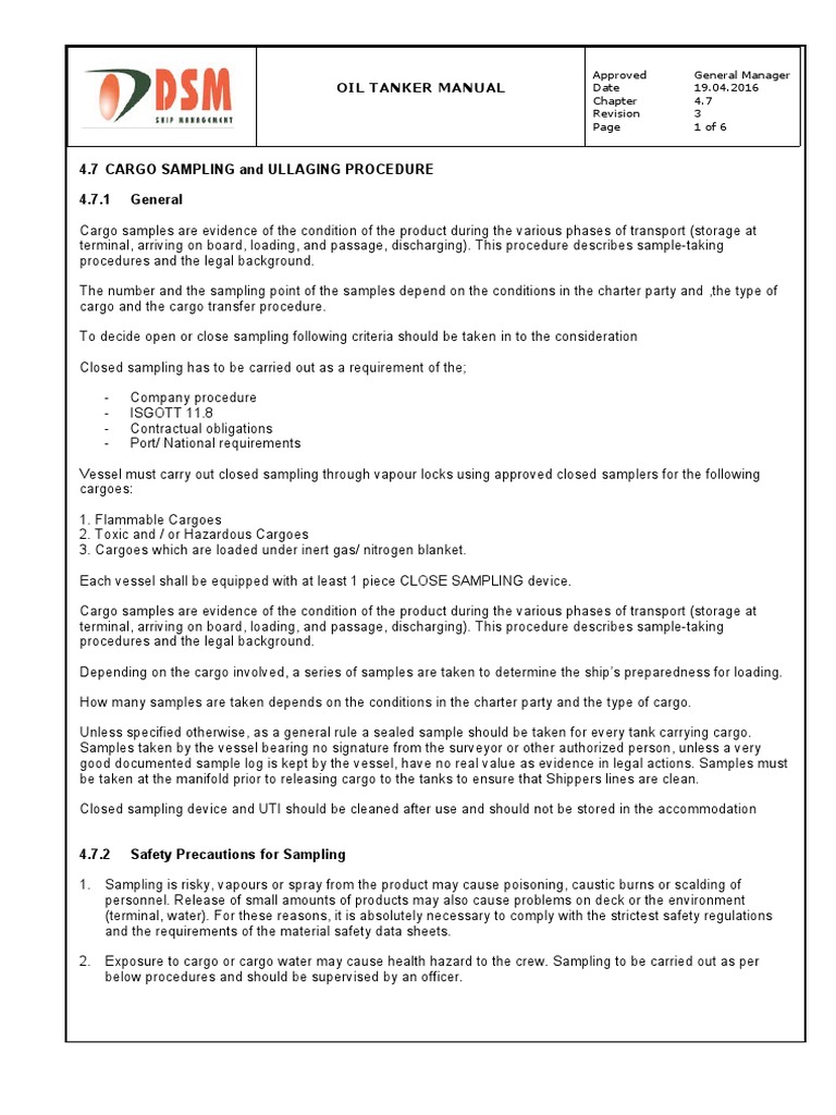 Cargo Sampling and Ullaging Procedures | PDF