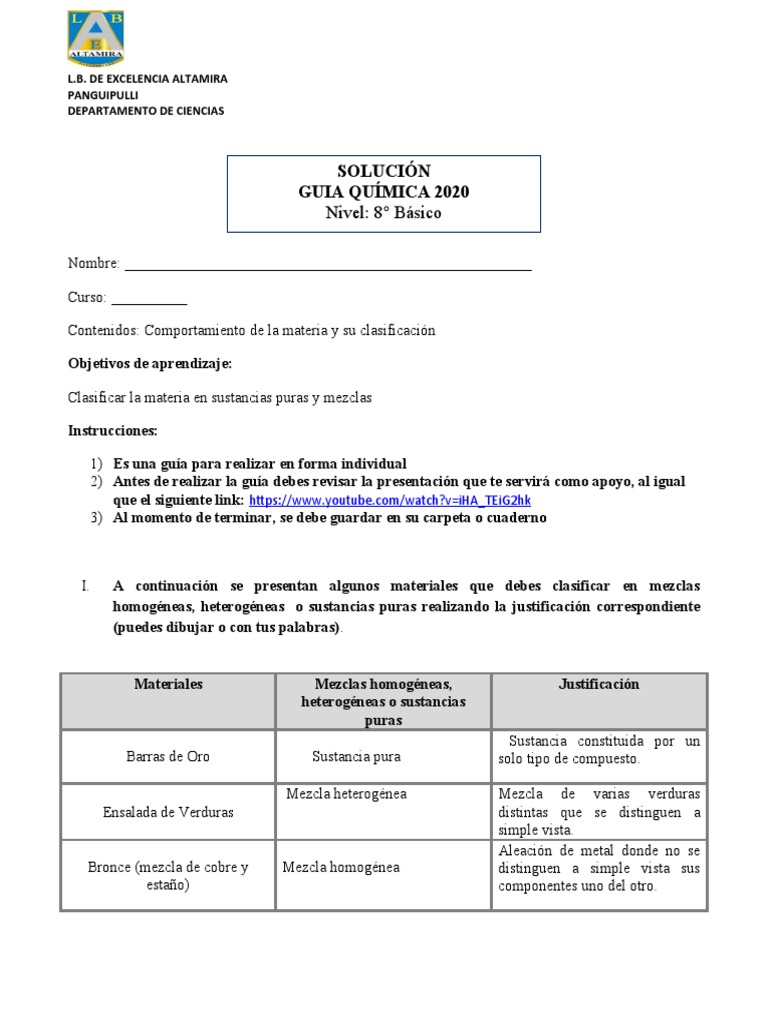Soluciones 8º Guía 3 Comportamiento de La Materia Quimica | PDF ...