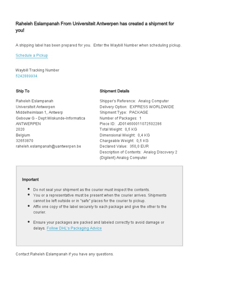 DHL Pickup Instructions for Shipment | PDF