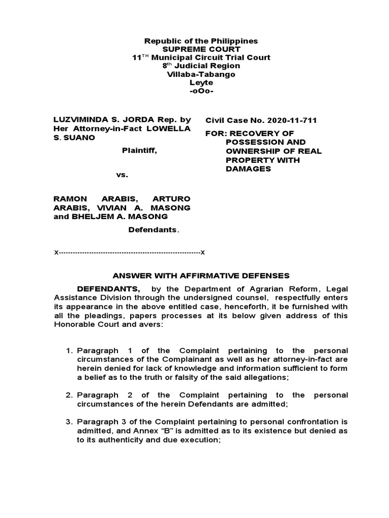 ANSWER COMPLAINT (jordaVSarabis) | PDF | Lease | Leasehold Estate