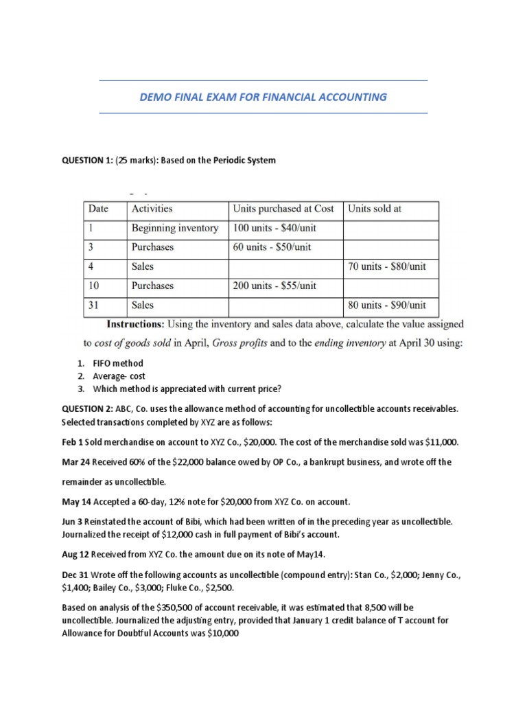 Demo Final Exam For Financial Accounting | PDF | Bad Debt | Depreciation