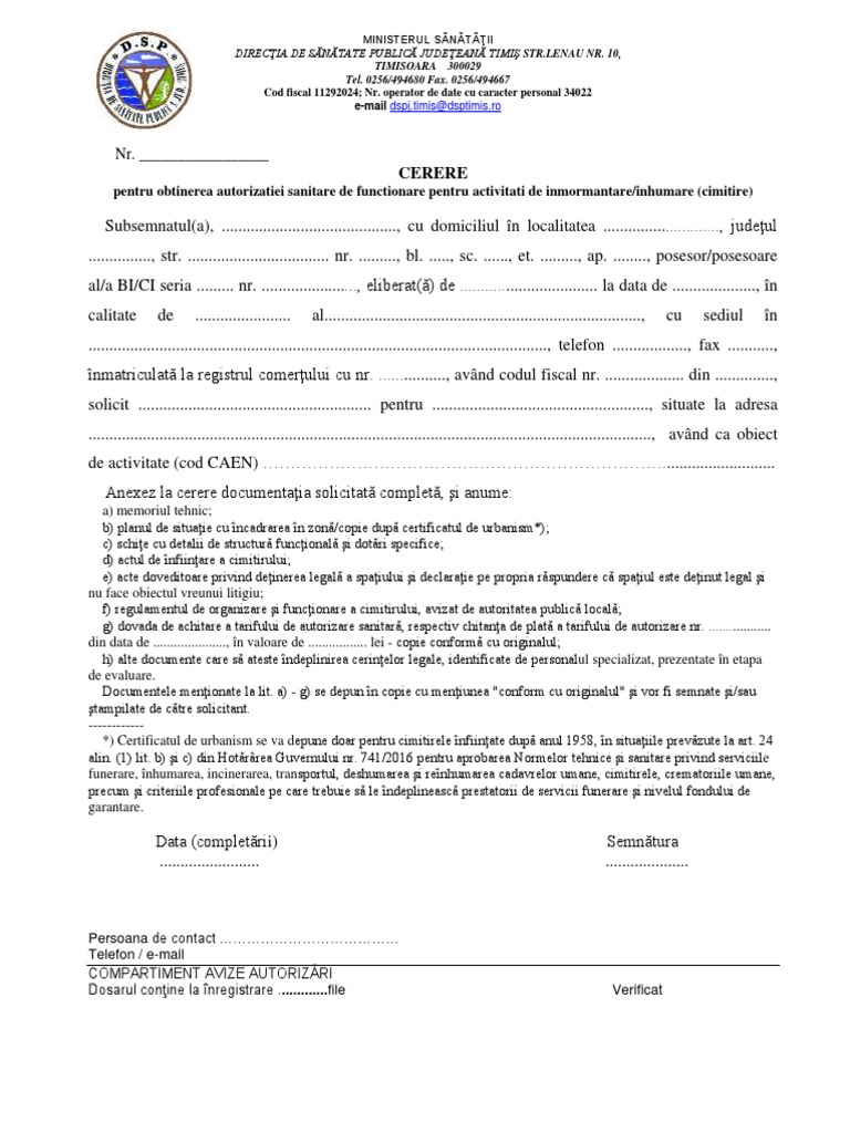 Cerere Activitati Inmormantare Si Inhumare 2018 Min | PDF