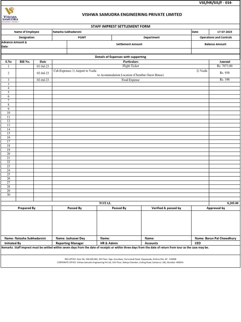Staff Imprest Settlement Format Final | PDF