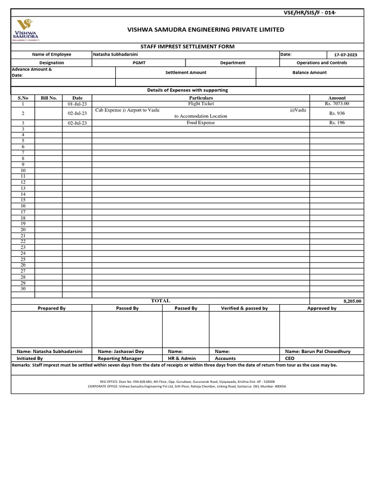 Staff Imprest Settlement Form Natasha S | PDF