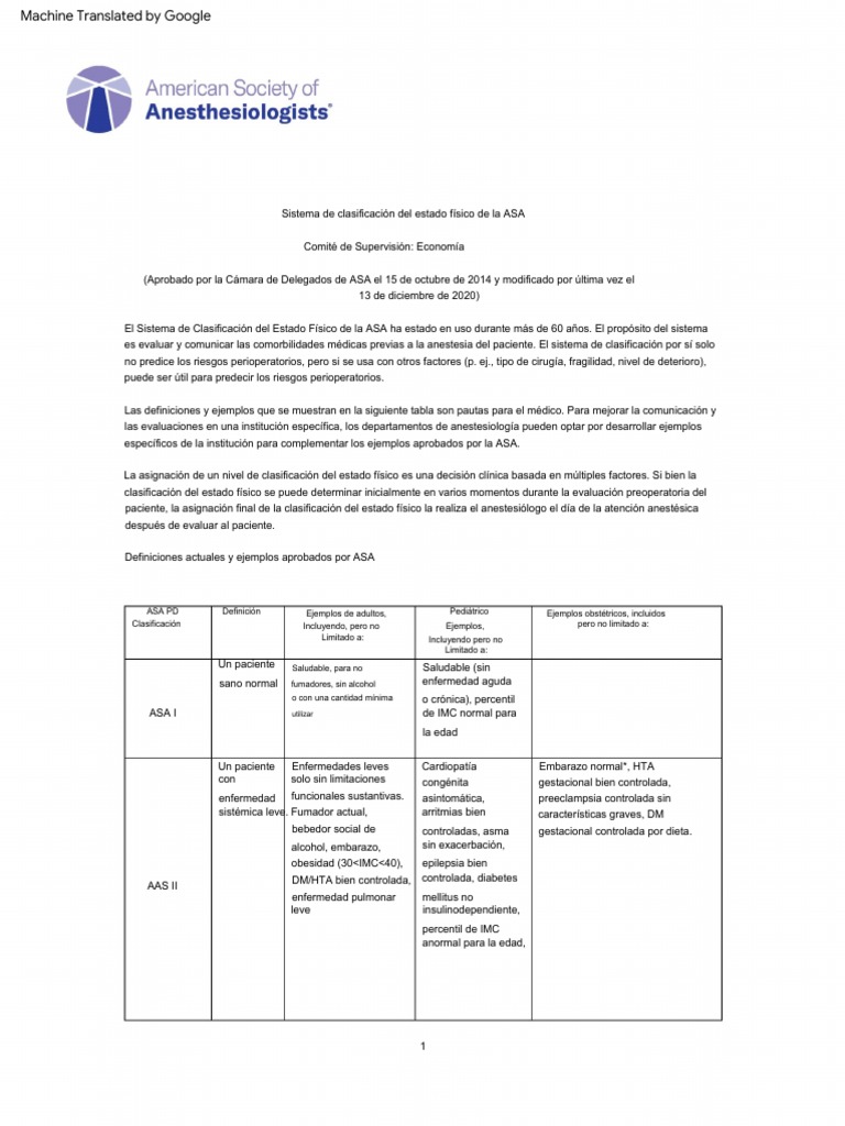 ASA Classification (December 2020) | PDF