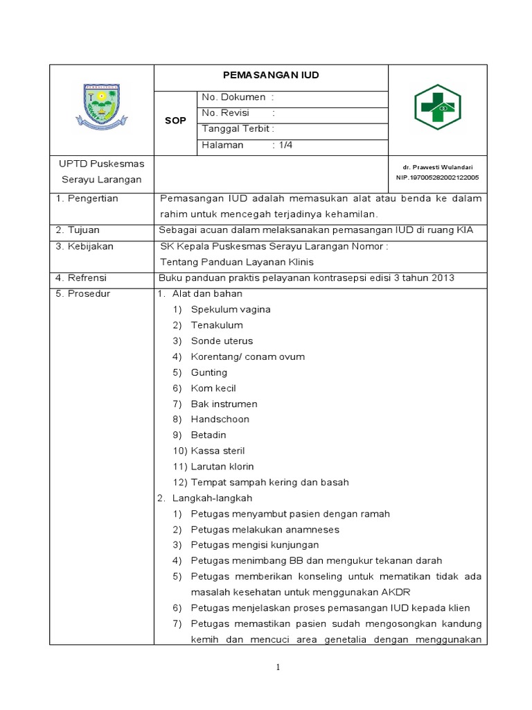 Sop Pemasangan Iud | PDF