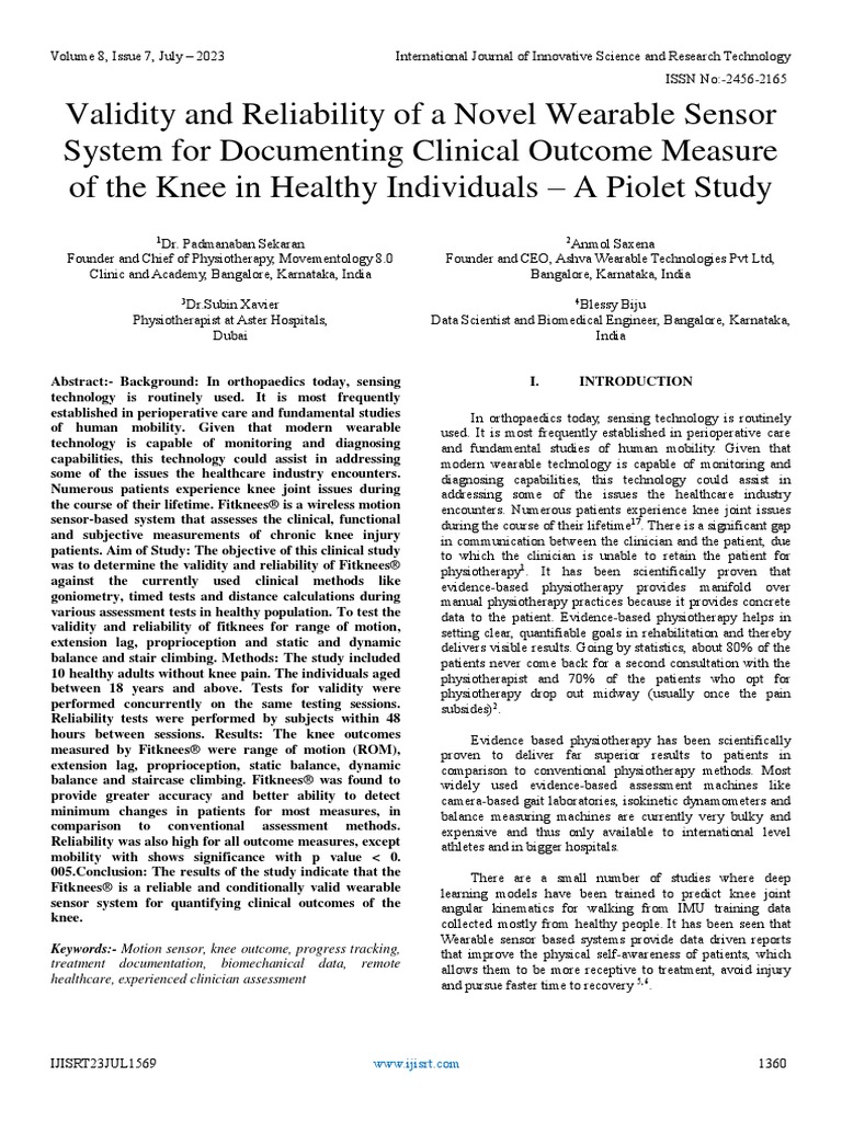 Validity and Reliability of A Novel Wearable Sensor System For Documenting Clinical Outcome ...