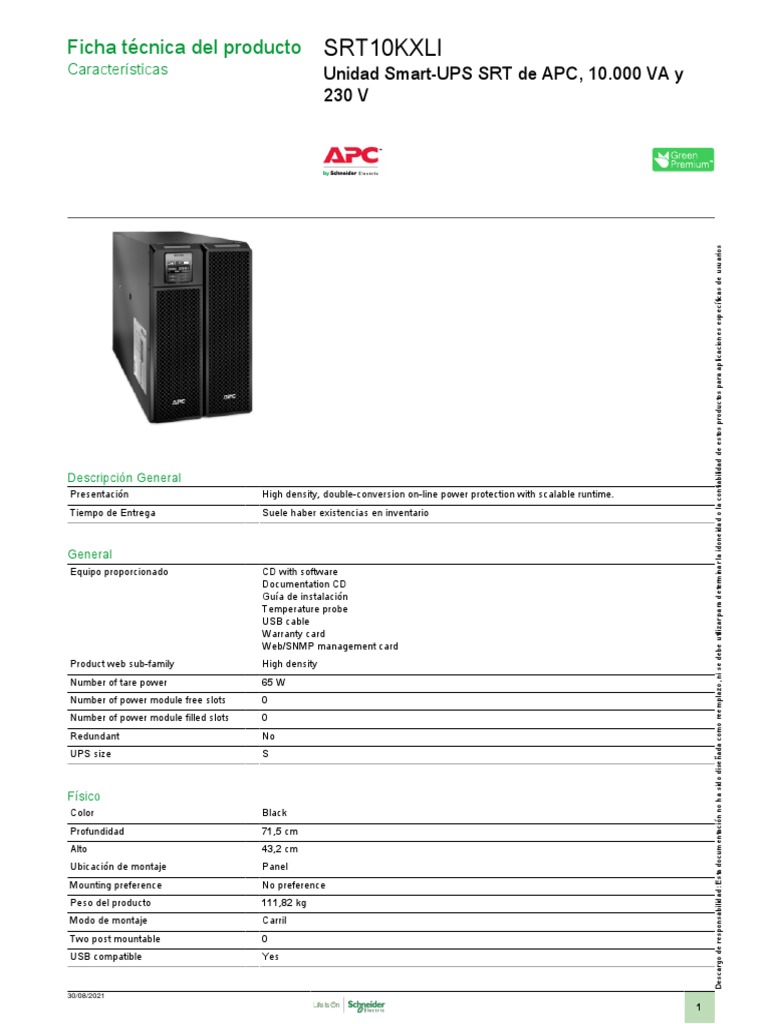 Ficha técnica APC Smart-UPS SRT10KXLI | PDF
