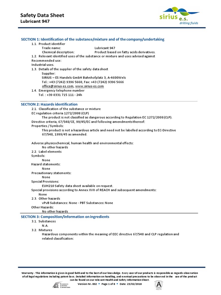 Sirius-ES - Safety Data Sheet - Lubricant 947 | PDF | Dangerous Goods ...