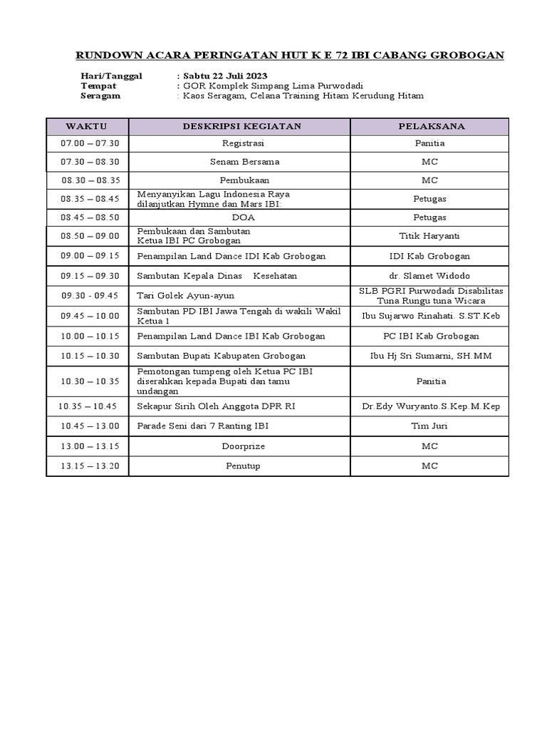 Rundown Acara Peringatan Hut Ke 72 Ibi Cabang Grobogan | PDF