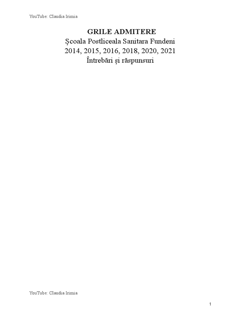 GRILE ADMITERE Scoala Postliceala Sanitara Fundeni | PDF