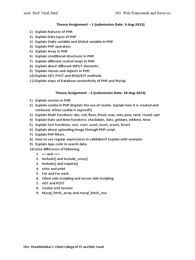 Theory Assignment 1 and 2 - PHP | PDF