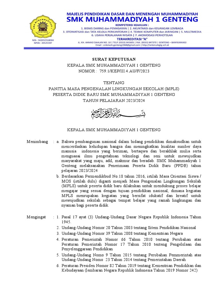 SK Panitia MPLS 2023 | PDF