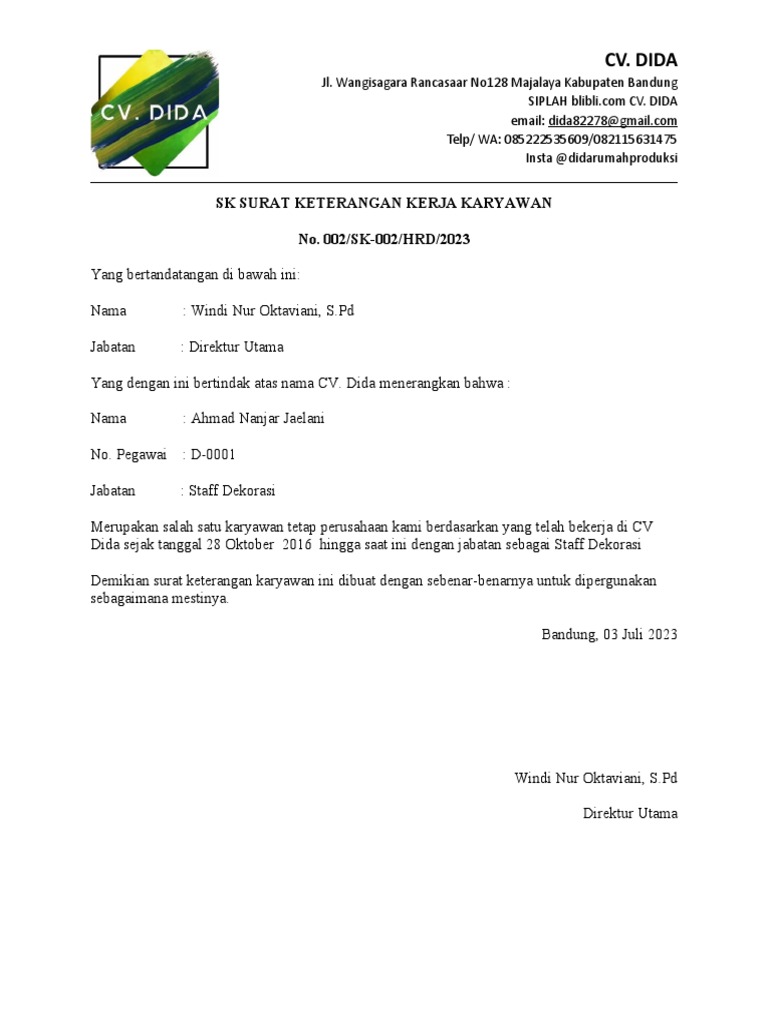 Contoh SK Surat Referensi Kerja Karyawan Sederhana | PDF