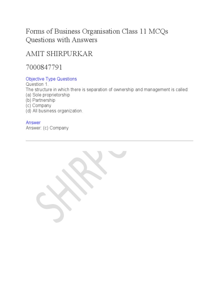 Forms of Business Organisation Class 11 MCQs Questions With Answers | PDF | Cooperative ...