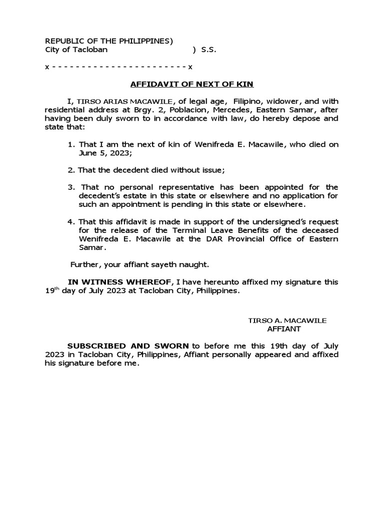 Affidavit of next of kin(macawile) | PDF
