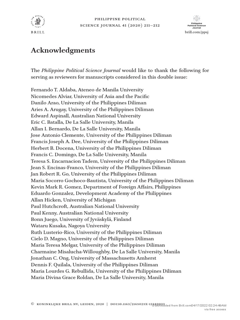 (2165025X - Philippine Political Science Journal) Acknowledgments | PDF | Philippines