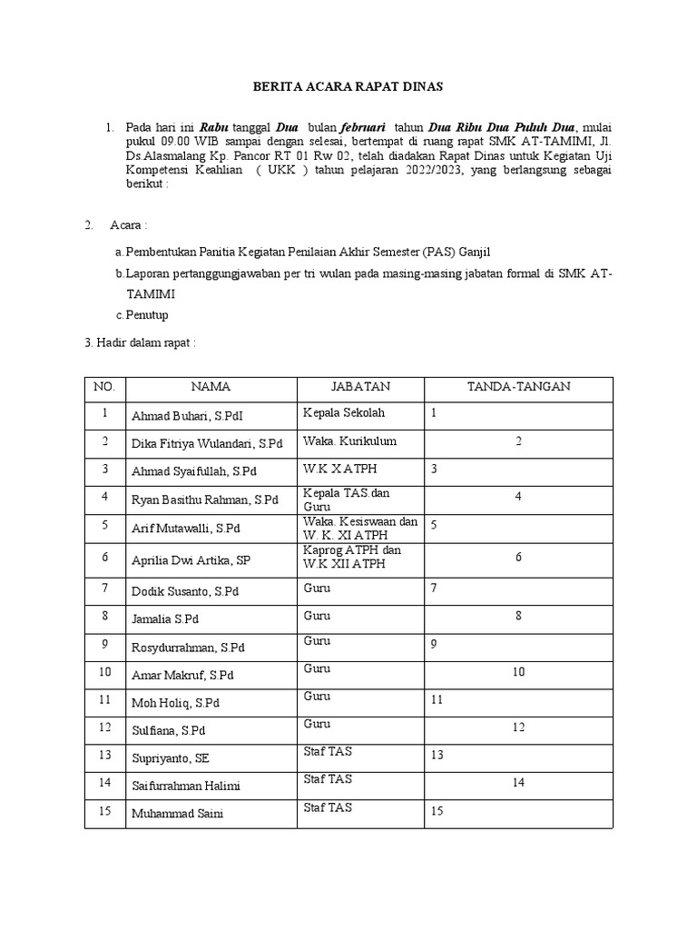 Berita Acara Rapat Dinas | PDF