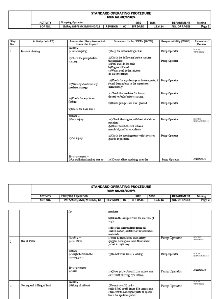 SOP-Pumping Operation | PDF