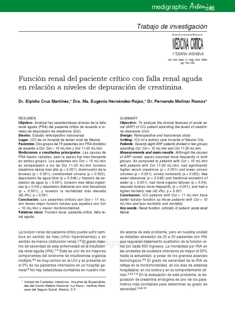 Función Renal Del Paciente Crítico Con Falla Renal Aguda en Relación A ...