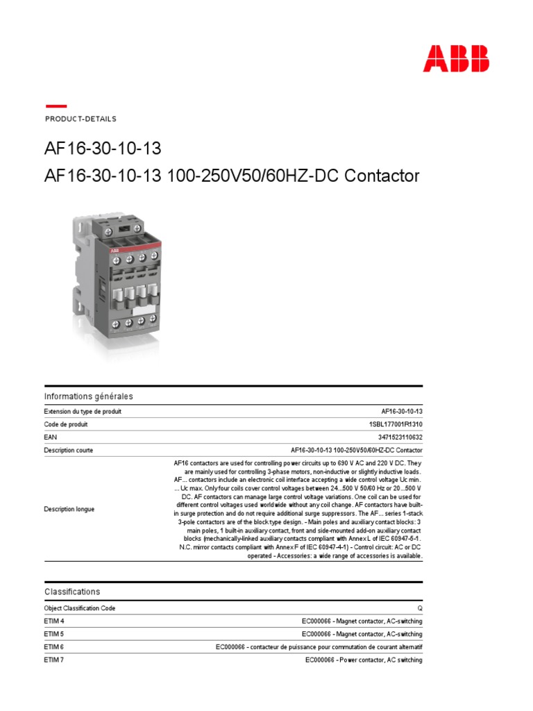 1SBL177001R1310 Af16 30 10 13 100 250v50 60hz DC Contactor | PDF ...