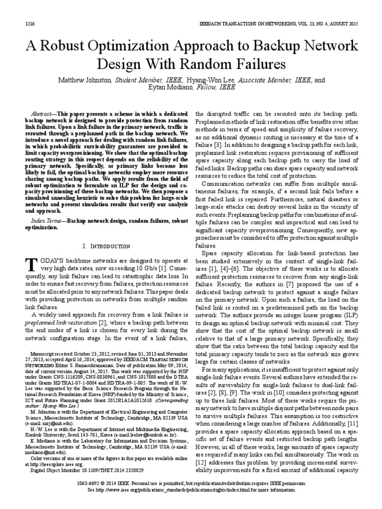 A Robust Optimization Approach To Backup Network Pdf Mathematical