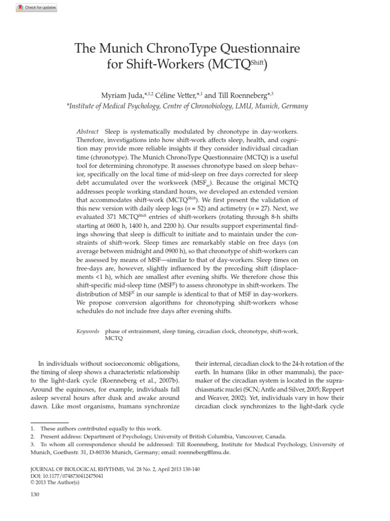 The Munich Chronotype Questionnaire For Shift-Workers (MCTQ) | PDF