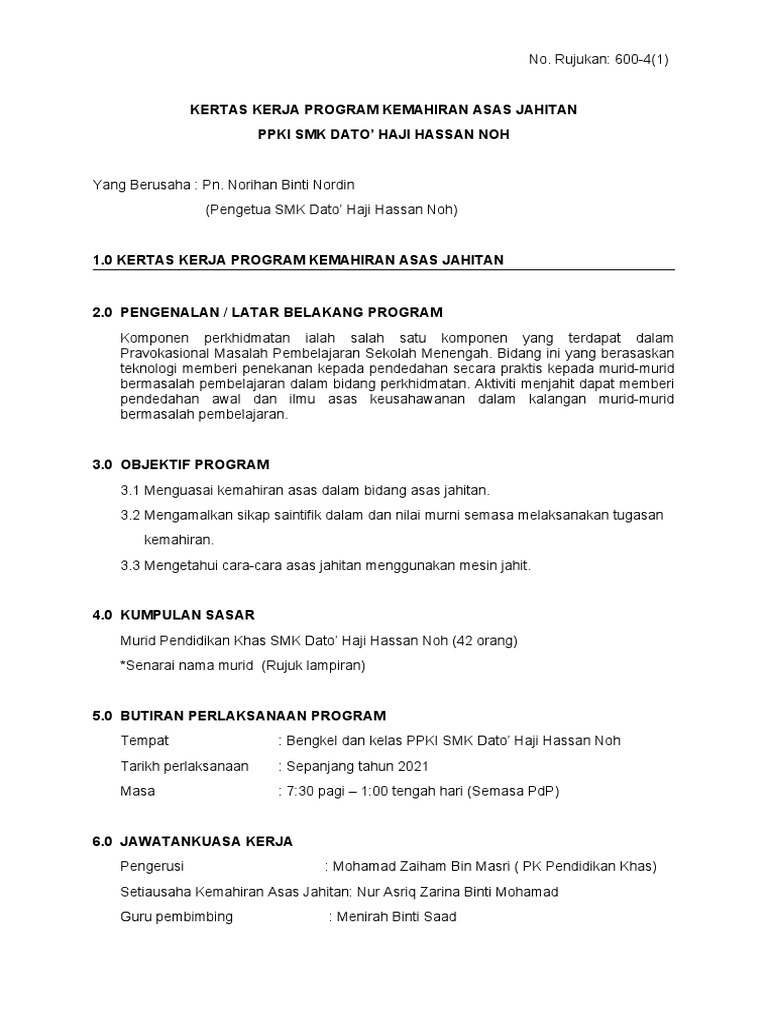 Contoh Kertas Kerja Terkini 2021 | PDF