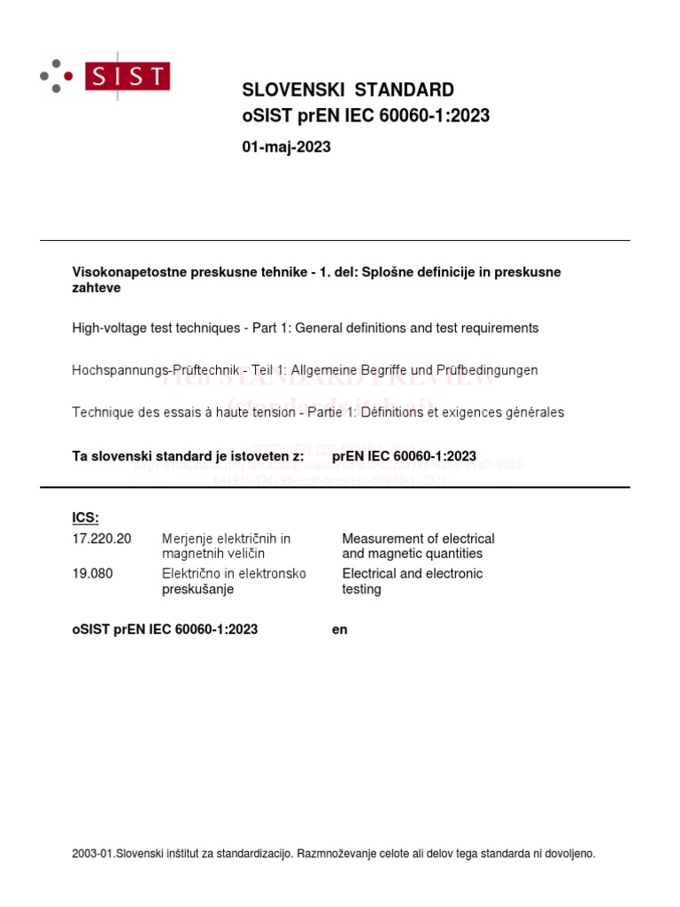 oSIST prEN IEC 60060 1 2023 | PDF | Electrical Breakdown | High Voltage