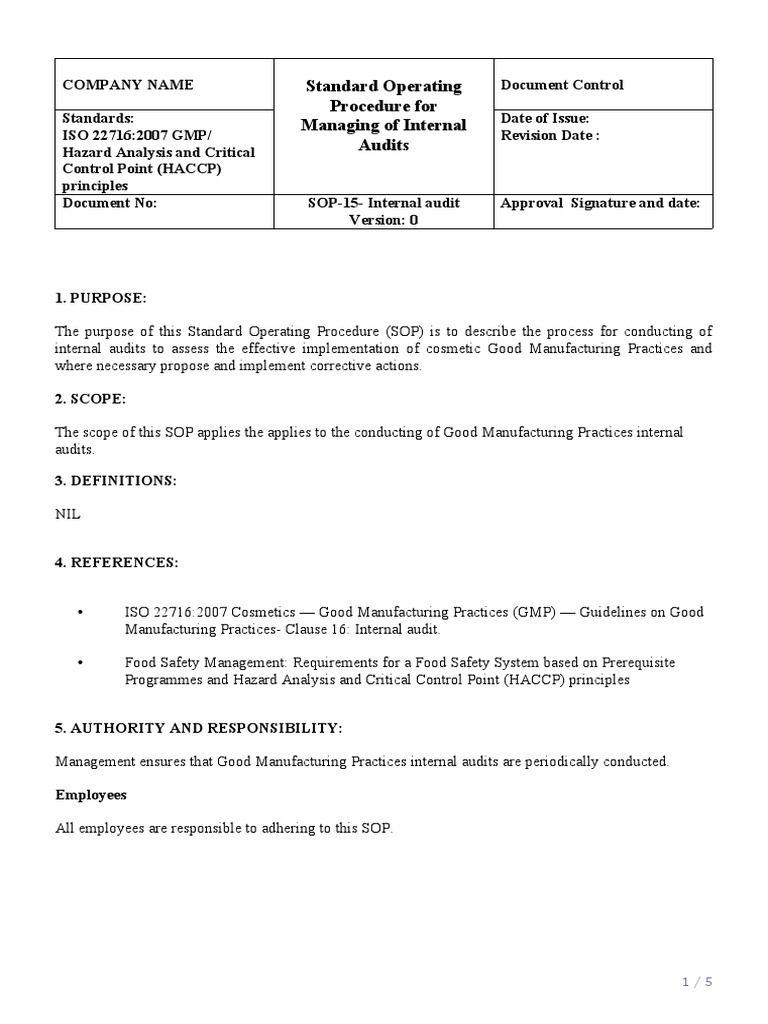 05 GMP SOP 015 Internal Audit | PDF | Hazard Analysis And Critical ...