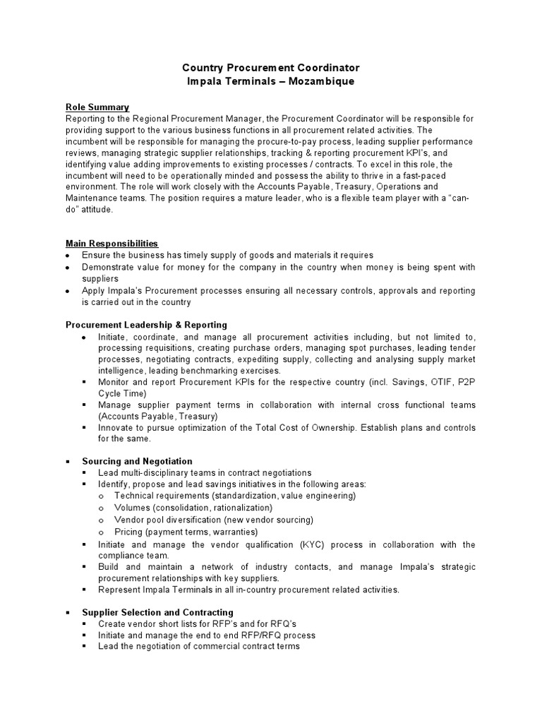 Moz PROCUREMENT COORDINATOR JOB DESCRIPTION | PDF | Procurement ...