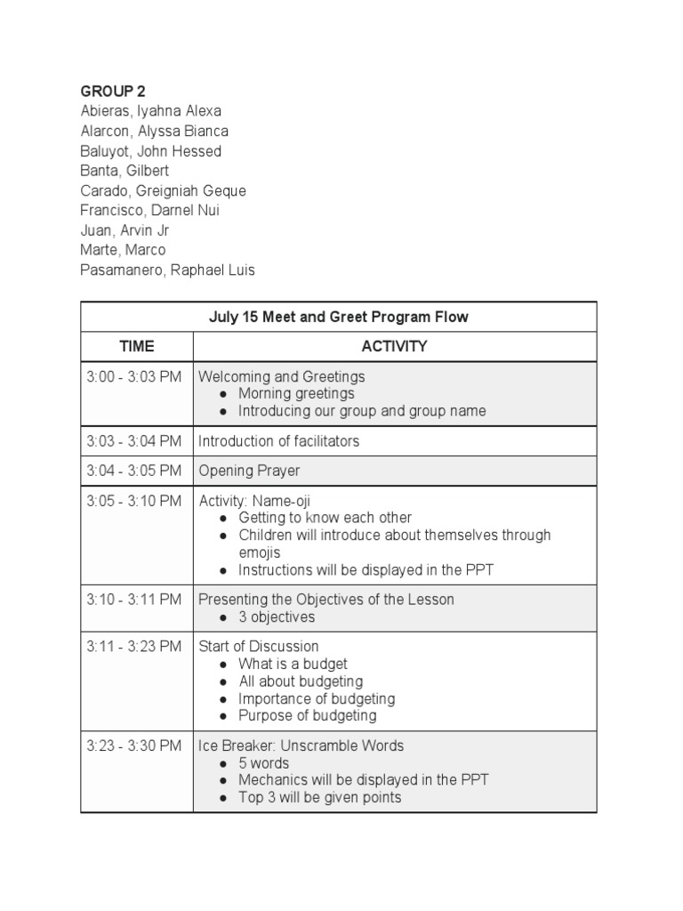 GROUP 2 - July 15 Meet and Greet Program Flow | PDF