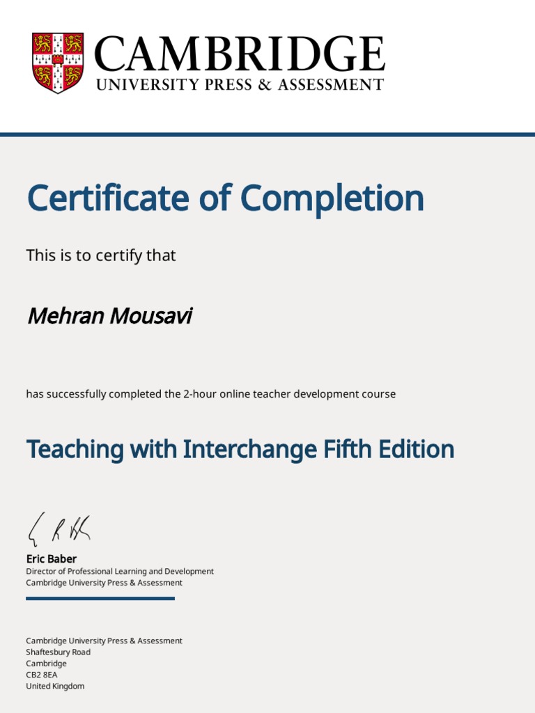 Teaching With Interchange Fifth Edition Course Completion Certificate ...