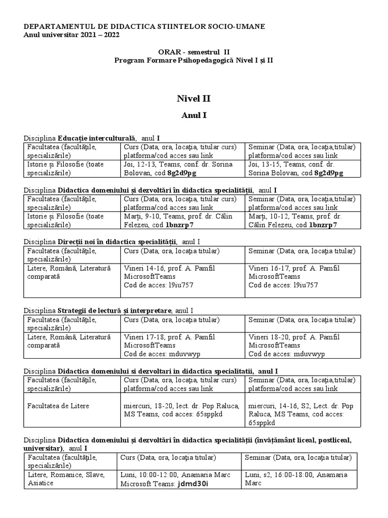 Orar Nivel II Anul I 2021-2022 | PDF