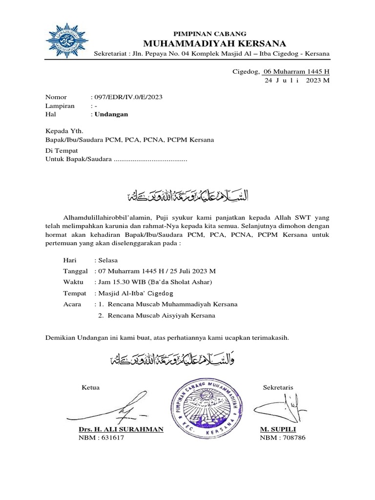 Undangan Muscab Muhammadiyah Kersana | PDF