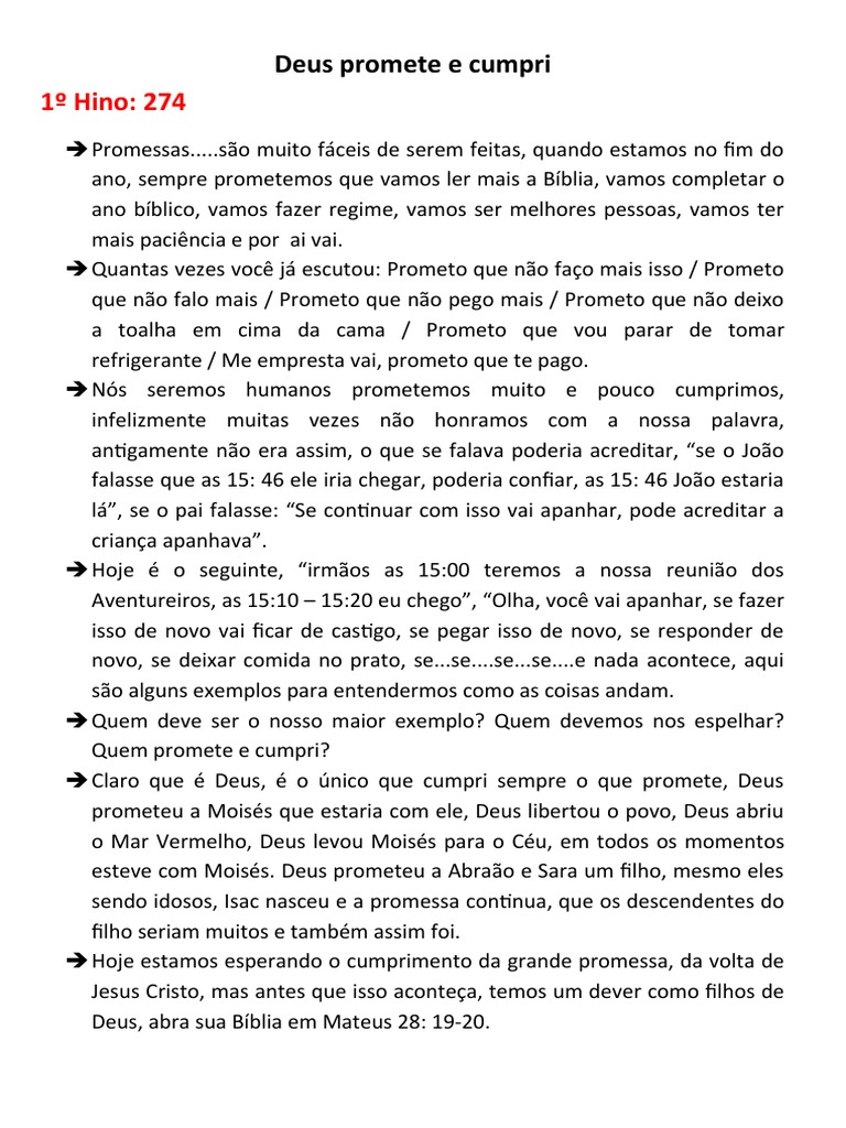 1º Hino: 274: Deus Promete e Cumpri | PDF