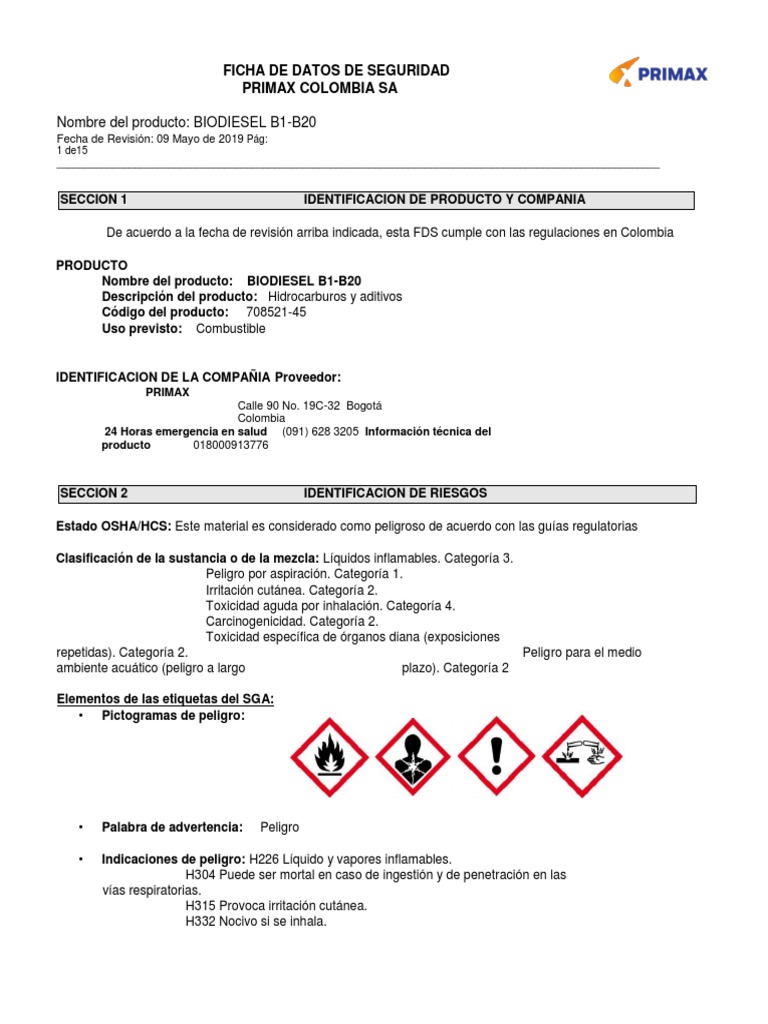 MSDS Biodiesel B1 - B20 ACPM | PDF | Agua | Residuos
