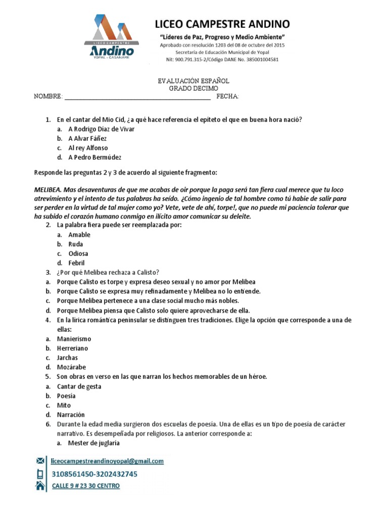Evaluación de Literatura Española 10° | PDF