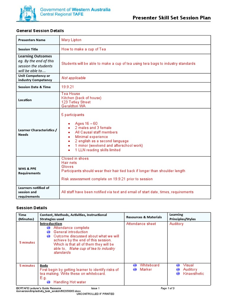 EXAMPLE PSS Session Plan and Task Breakdown | PDF | Learning | Tea