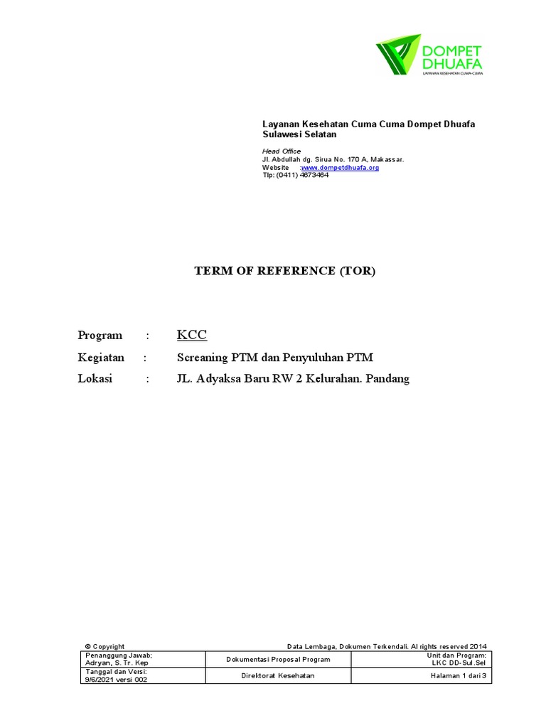 TOR KCC Als 2021 | PDF | Kesehatan Holistik